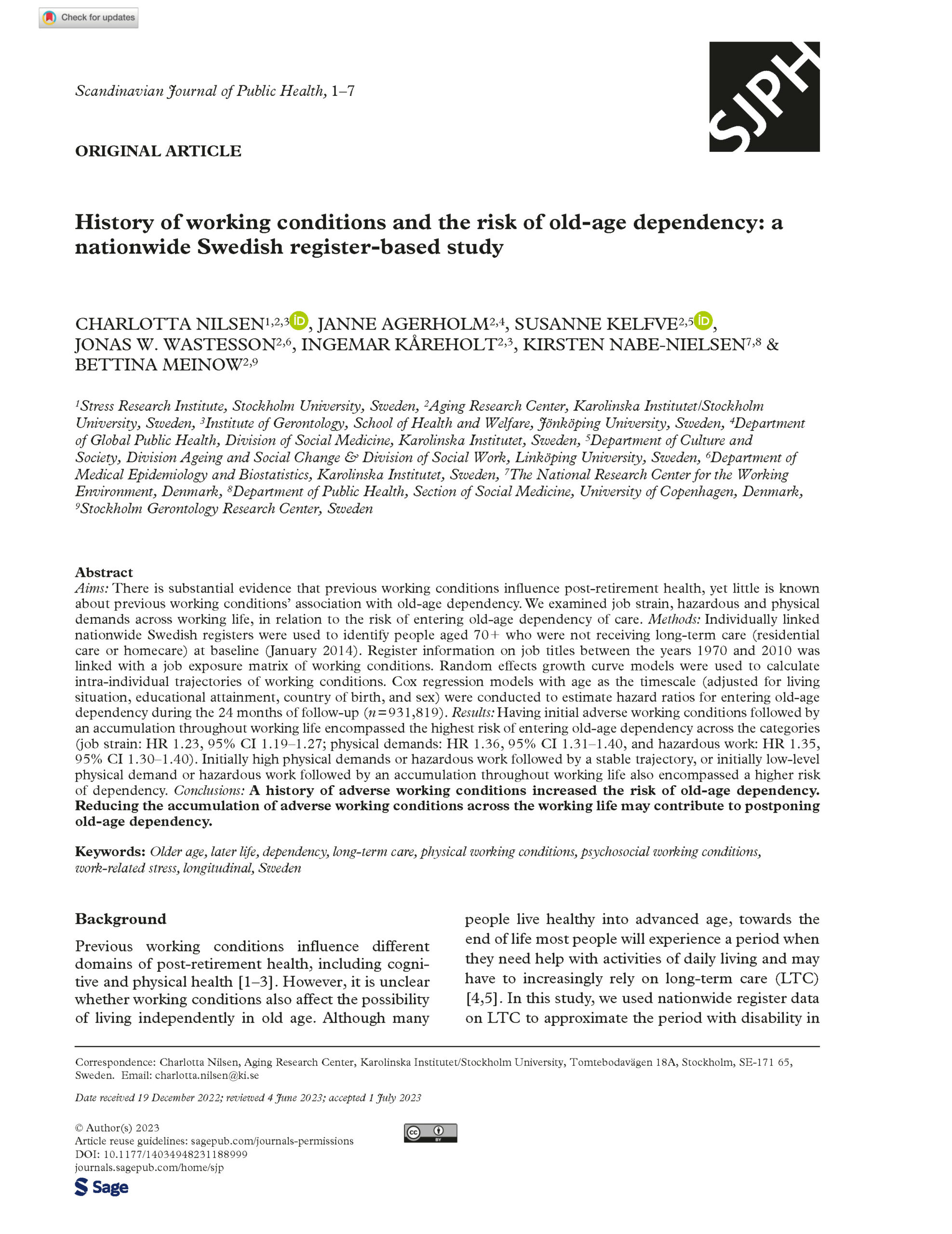 History of working conditions and the risk of old-age dependency: a ...